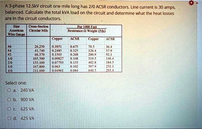 A 3-phase 12.5kV circuit one mile long has 2/0 ACSR conductors. Line ...