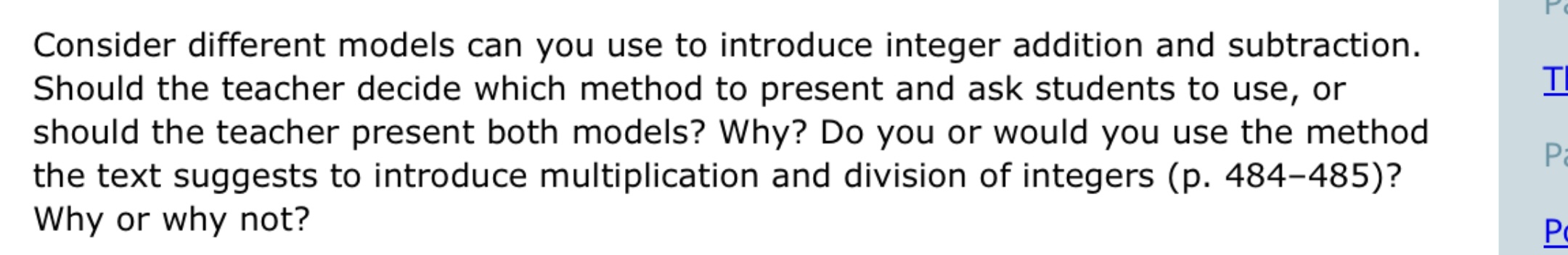 Consider different models can you use to introduce integer addition and ...