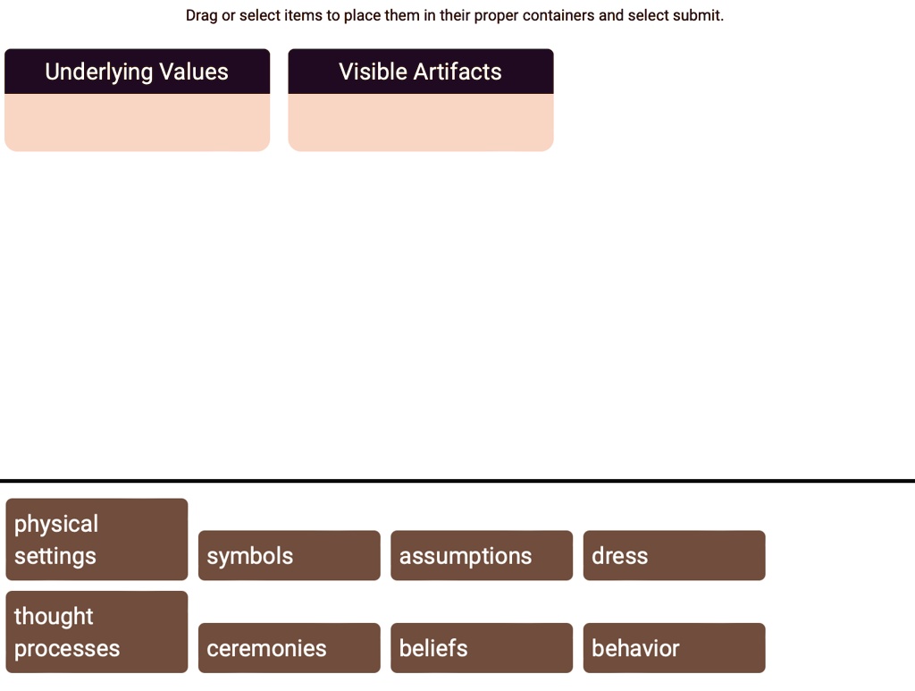 drag or select items to place them in their proper containers and select submit underlying ...