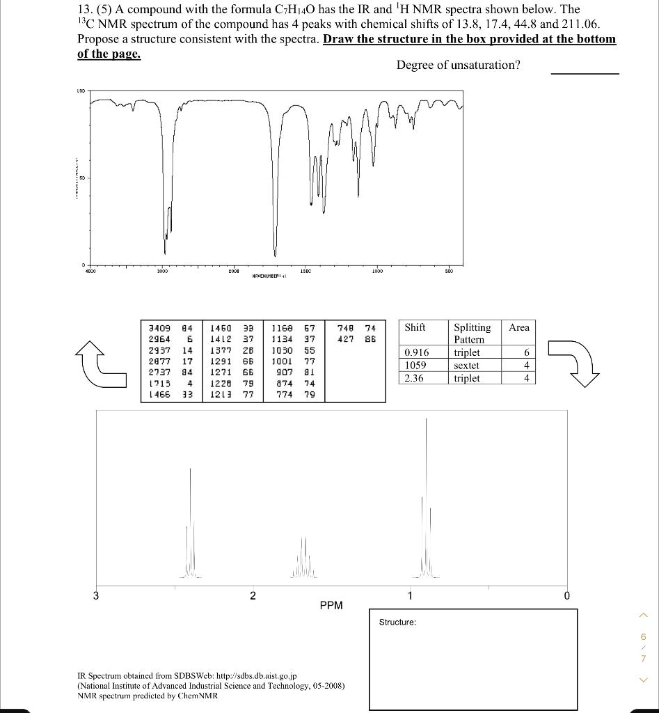 13. (5) A compound with the formula C7H14O has the IR and ^1H NMR ...