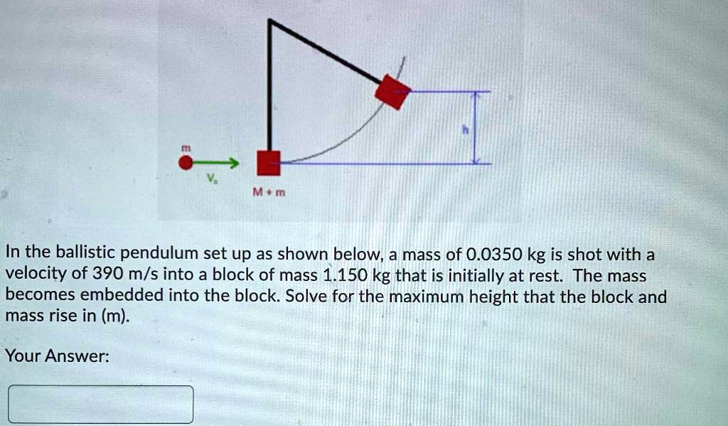 m M+m h In the ballistic pendulum set up as shown below, a mass of 0. ...