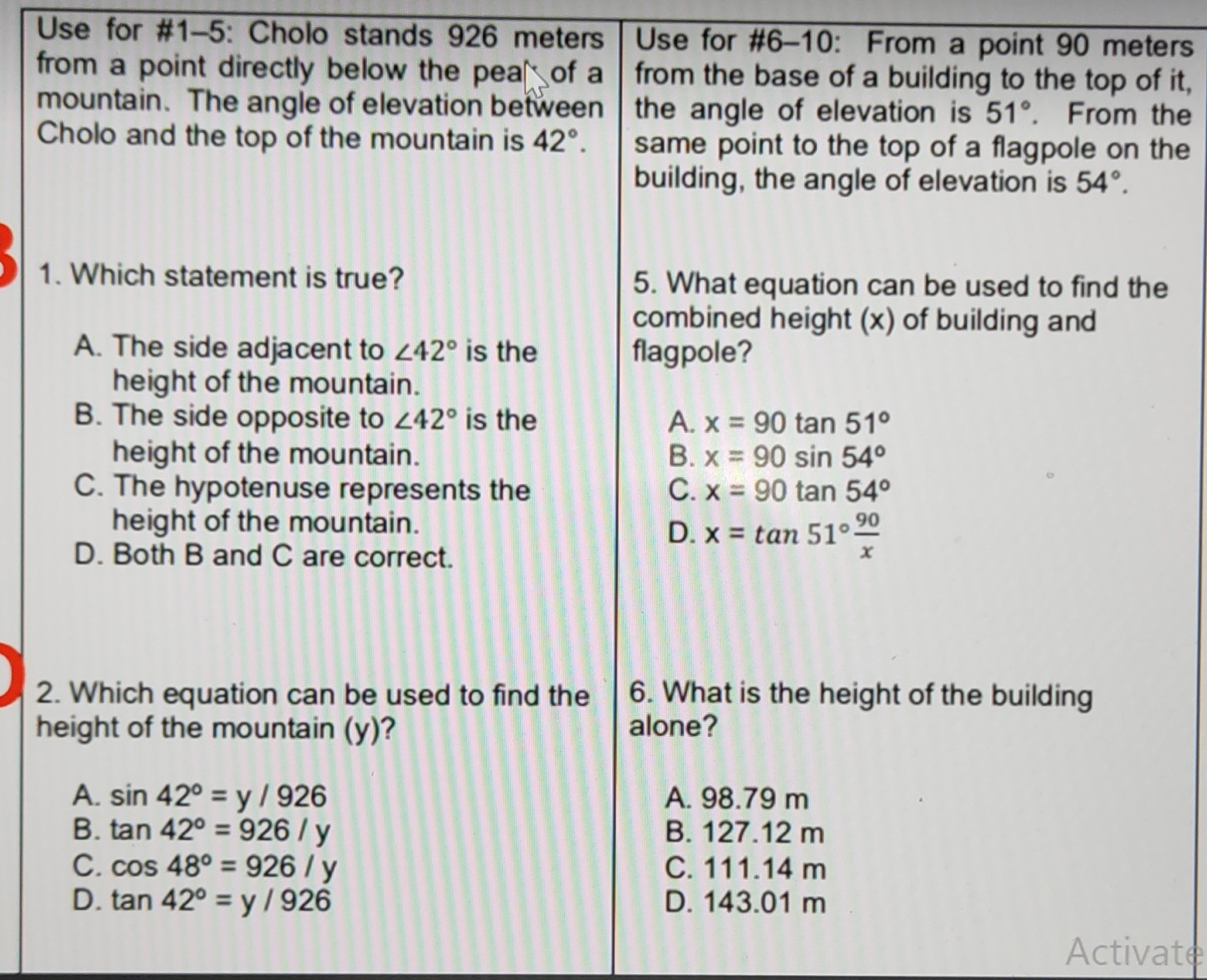 SOLVED: Use for #1-5: Cholo stands 926 meters from a point directly ...