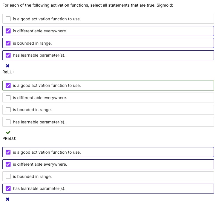 For each of the following activation functions, select all statements ...