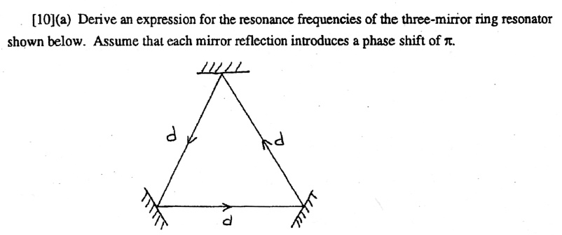 [10](a) Derive an expression for the resonance frequencies of the three-mirror ring resonator ...