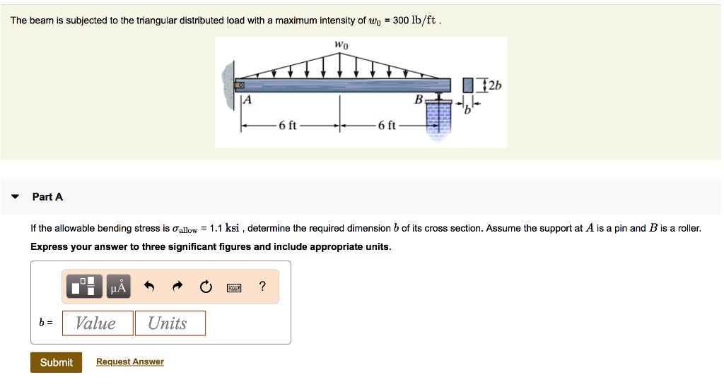 SOLVED: The beam is subjected to a triangular distributed load with a maximum intensity of wg ...