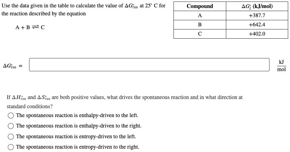 SOLVED: Use the data given in the table to calculate the value of Grxn at 25 C for the reaction ...