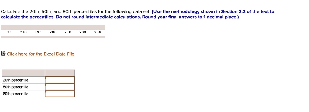 calculate the 2oth soth and 8oth percentiles for the following data set ...