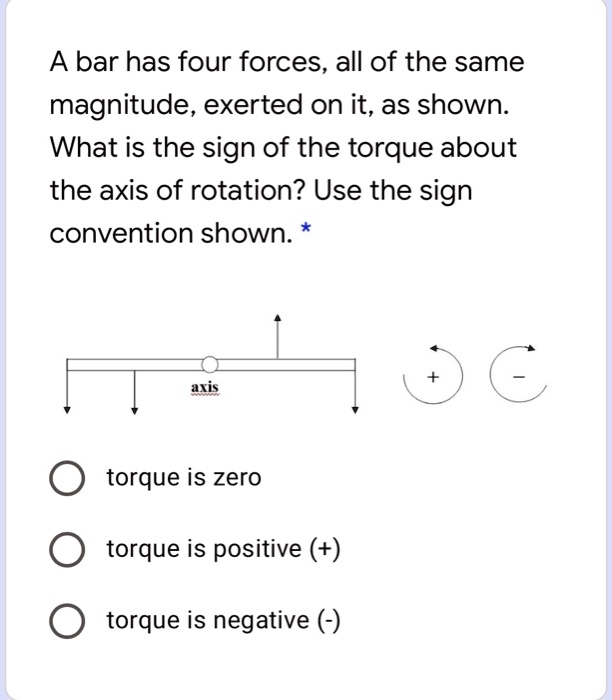 a bar has four forces all of the same magnitude exerted on it as shown what is the sign of the ...