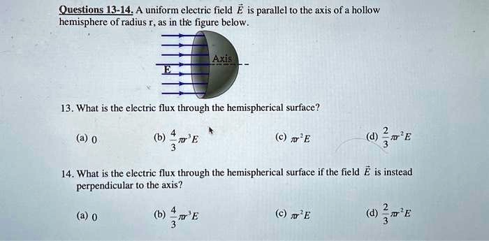 Questions 13-14. A uniform electric field E⃗ is parallel to the axis of a hollow hemisphere of ...