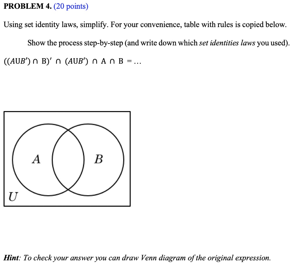 PROBLEM 4. (20 points) Using set identity laws, simplify. For your ...