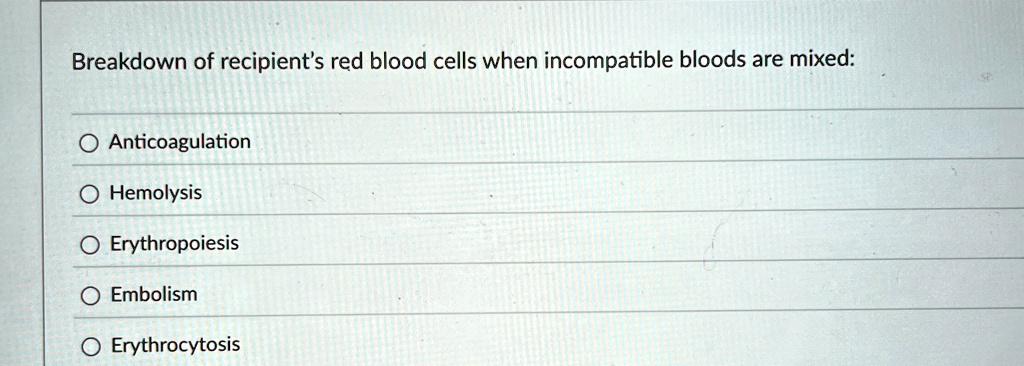 Breakdown of recipient's red blood cells when incompatible bloods are ...
