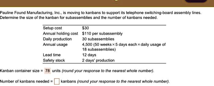 SOLVED: Pauline Found Manufacturing,Inc..is moving to kanbans to support its telephone switching ...