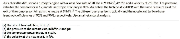 SOLVED: Air enters the diffuser of a turbojet engine with a mass flow ...