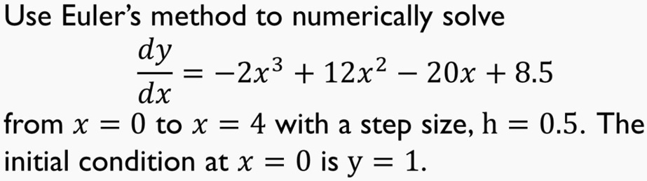 use eulers method to numerically solve dy zx3 12x2 l 20x 85 dx from x 0 to x 4 with a step size ...