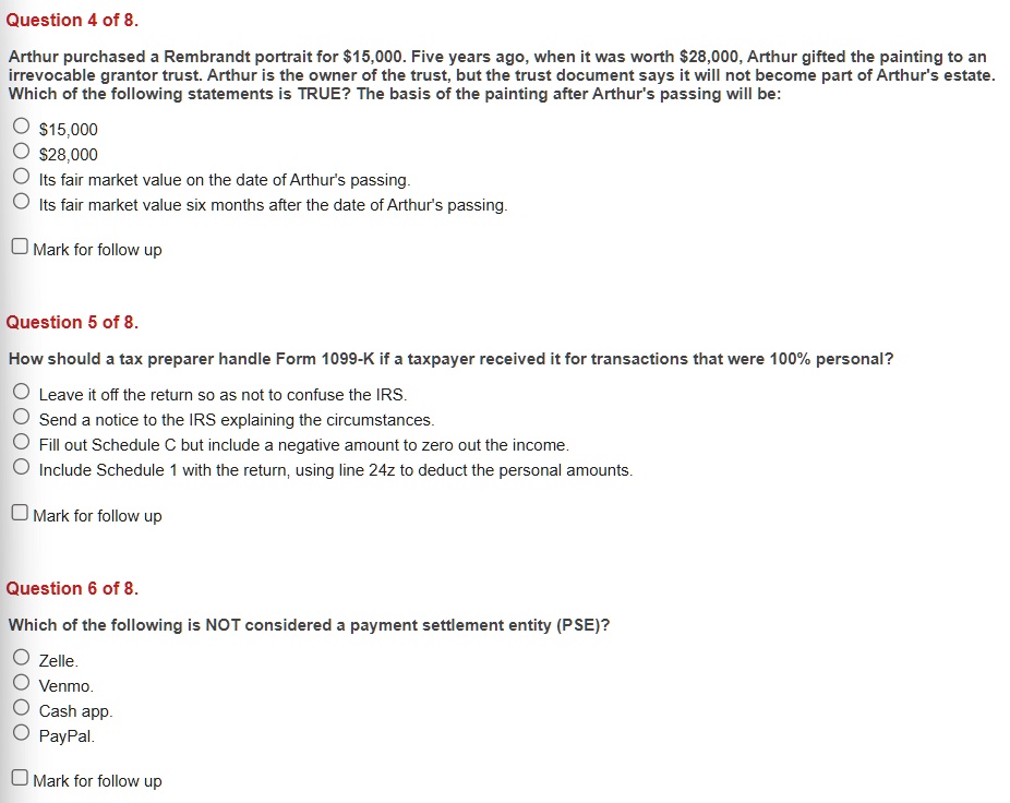 Question 4 of 8. Arthur purchased a Rembrandt portrait for 15,000. Five ...
