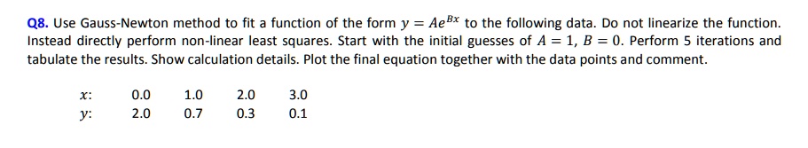 SOLVED: Q8. Use Gauss-Newton method to fit a function of the form y ...