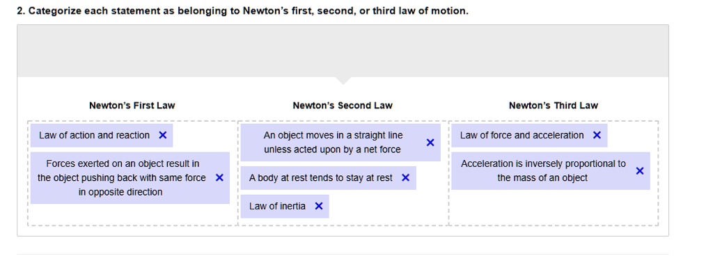 SOLVED: Categorize each statement as belonging to Newton's first ... SOLVED: Categorize each statement as belonging to Newton's first ...