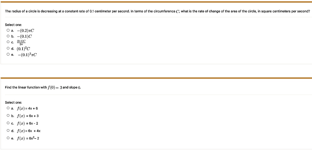 SOLVED: The radius of a circle is decreasing at a constant rate of 0.1 ...