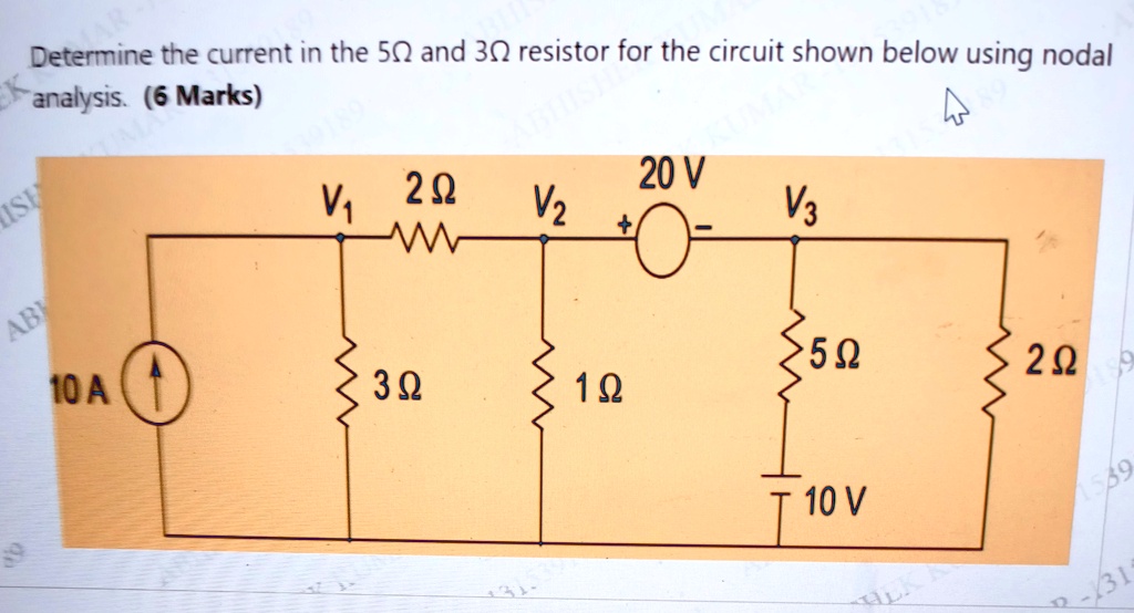 Determine the current in the 5Ωand 3Ωresistor for the circuit shown below using nodal analysis ...