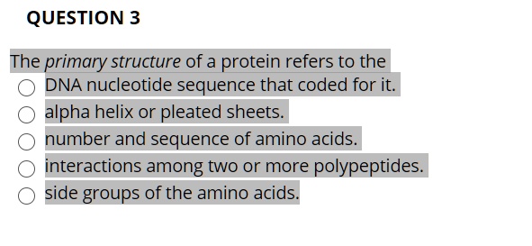 QUESTION 3 The primary structure of a protein refers to the DNA ...