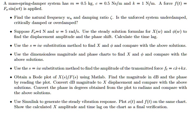 A mass-spring-damper system has m = 0.5 kg, c = 0.5 Ns/m and k = 1 N/m ...