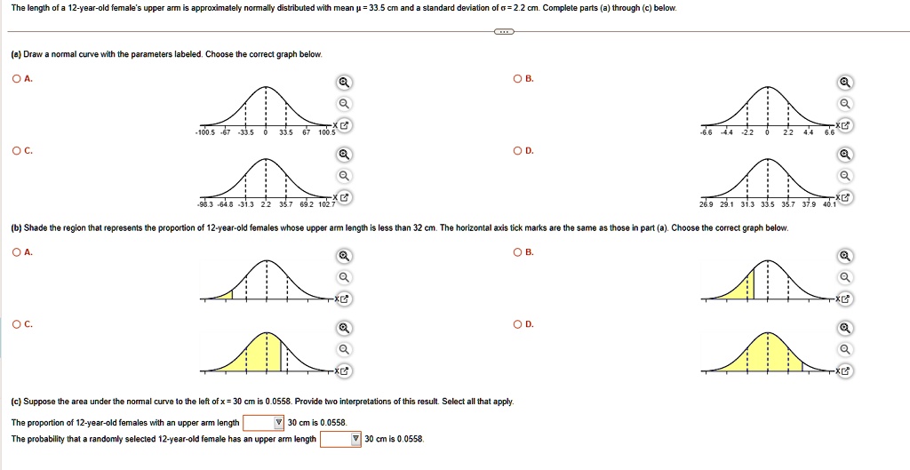 SOLVED: (a) Draw a normal curve with the parameters labeled. Choose the correct graph below. A ...