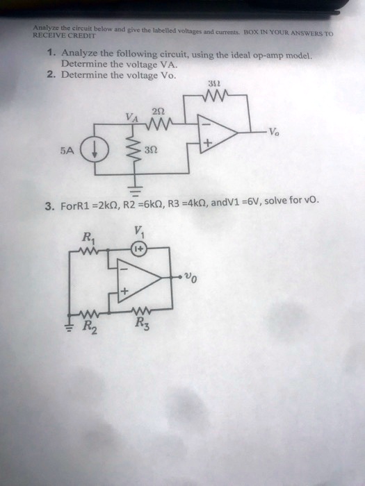 Analyze the circuit below and give the labelled voltages and currents ...
