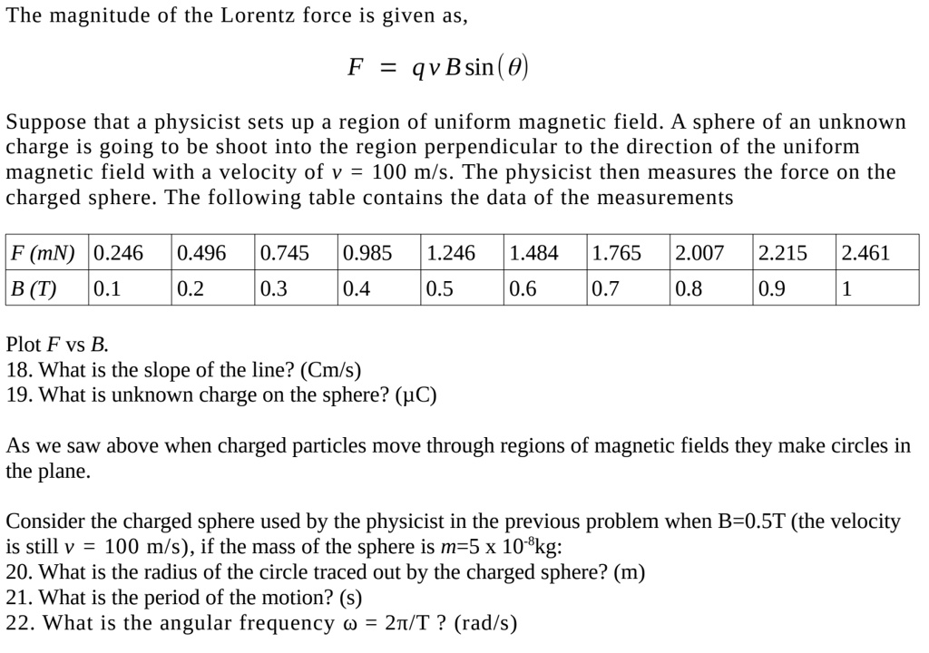 SOLVED: The magnitude of the Lorentz force is given as F = qvBsin(Î ...