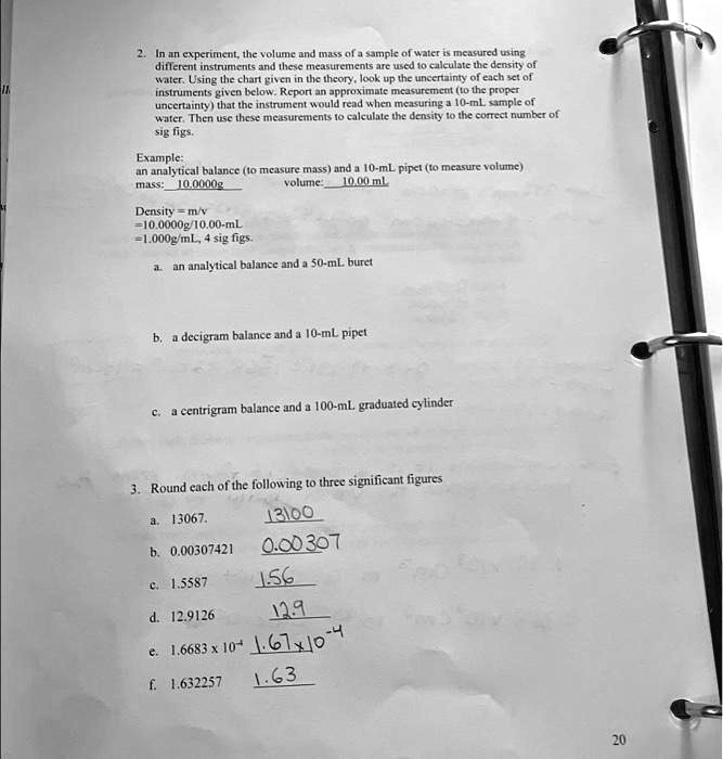 SOLVED: 2. In an experiment, the volume and mass of a sample of water ...