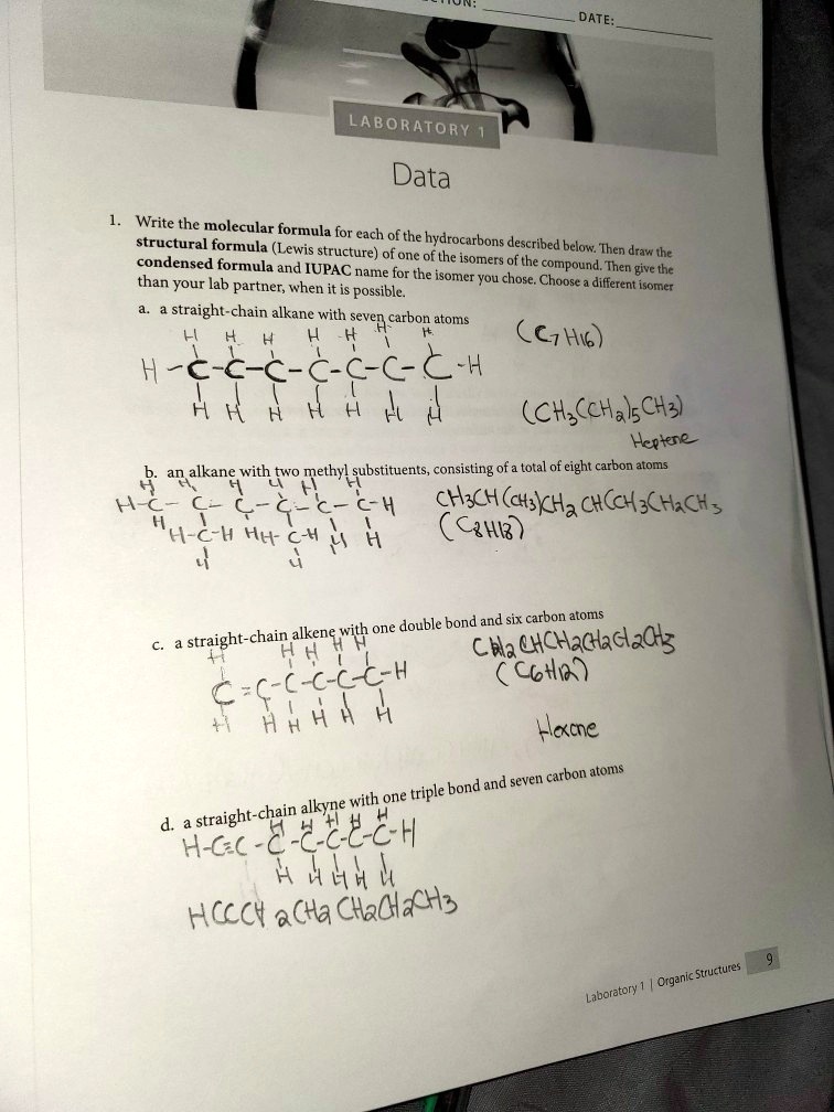 SOLVED: DATE= LABORATORY Data Write the molecular formula for structural formula (Lewis erch of ...