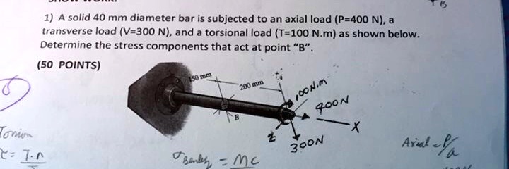 1) A solid 40 mm diameter bar is subjected to an axial load (P=400 N ...