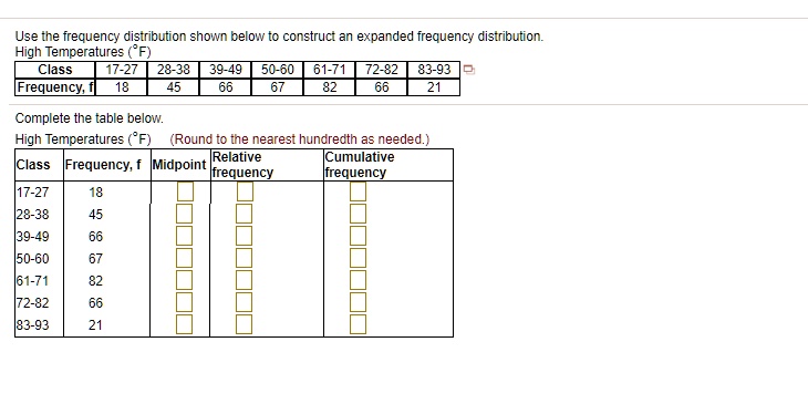 SOLVED:Use the frequency distribution shown below t0 construc an expanded frequency distribution ...