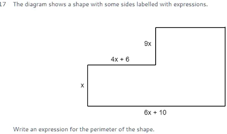SOLVED: 17 The diagram shows a shape with some sides labelled with expressions. 9x 4x + 6 6x ...