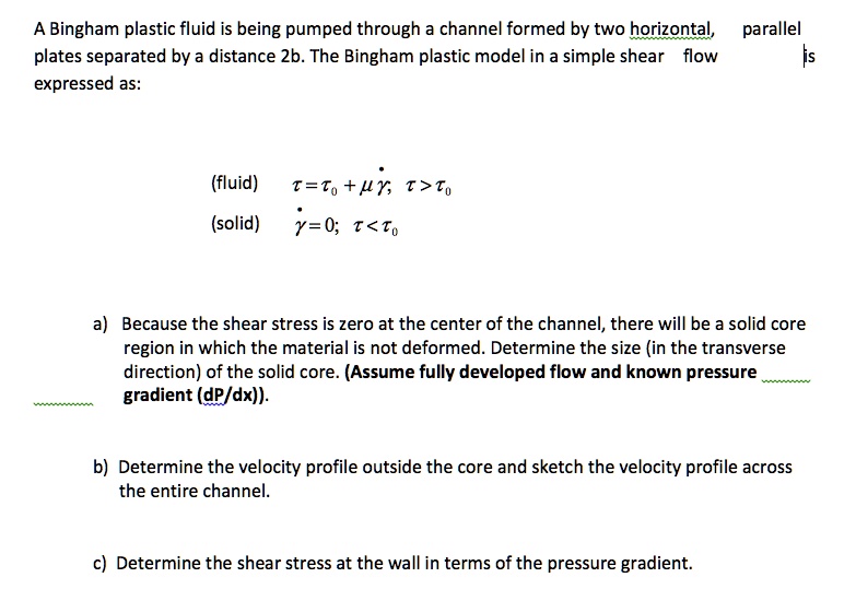 A Bingham plastic fluid is being pumped through a channel formed by two ...