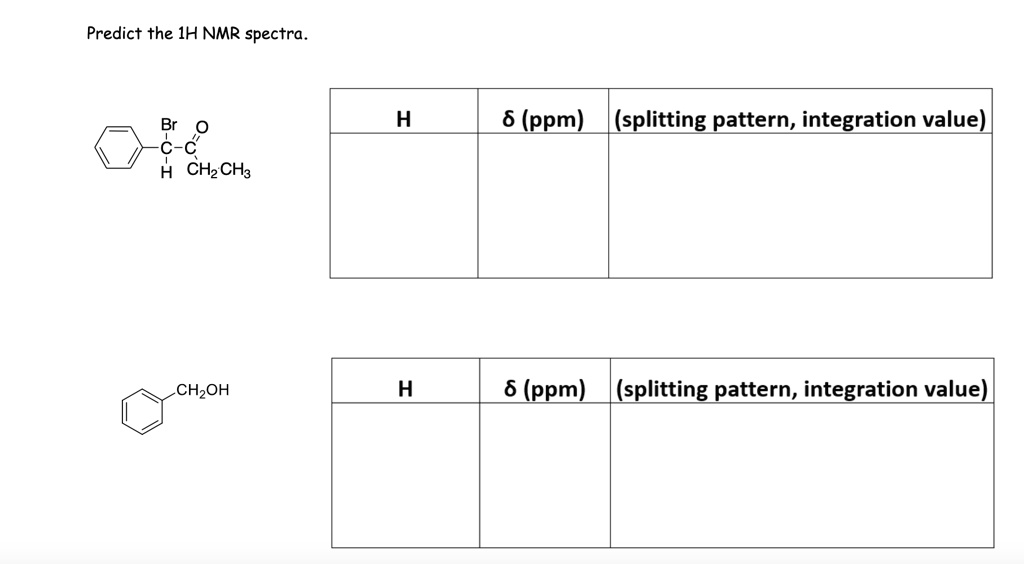 SOLVED: Predict the 1H NMR spectra. 6 (ppm) (splitting pattern, integration value) CHz CH3 CHzOH ...