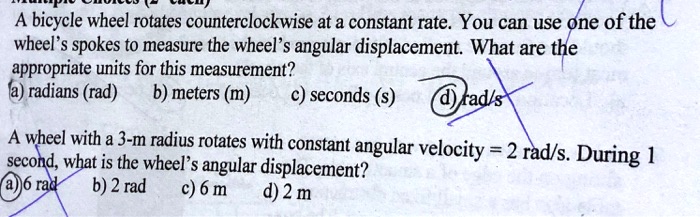 SOLVED: A bicycle wheel rotates counterclockwise at a constant rate ...