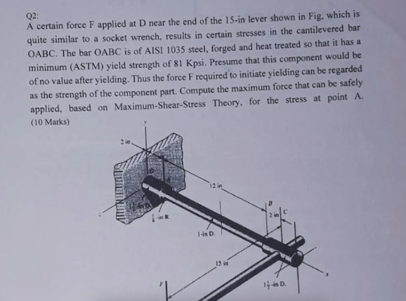 SOLVED: Q2: A certain force F applied at D near the end of the 15 -in lever shown in Fig, which ...