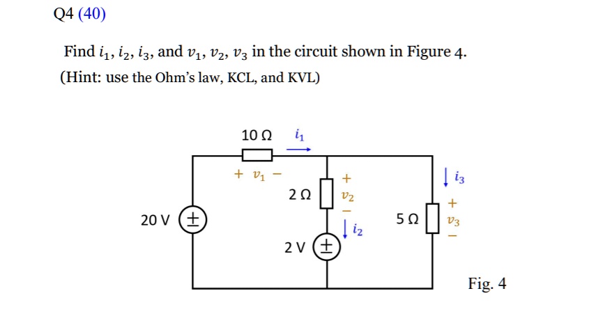 Q4 (40) Find i1, i2, i3, and v1, v2, v3 in the circuit shown in Figure 4. (Hint: use the Ohm's ...