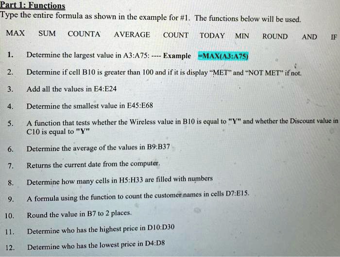 Solved Part I Functions Type The Entire Formula As Shown In The
