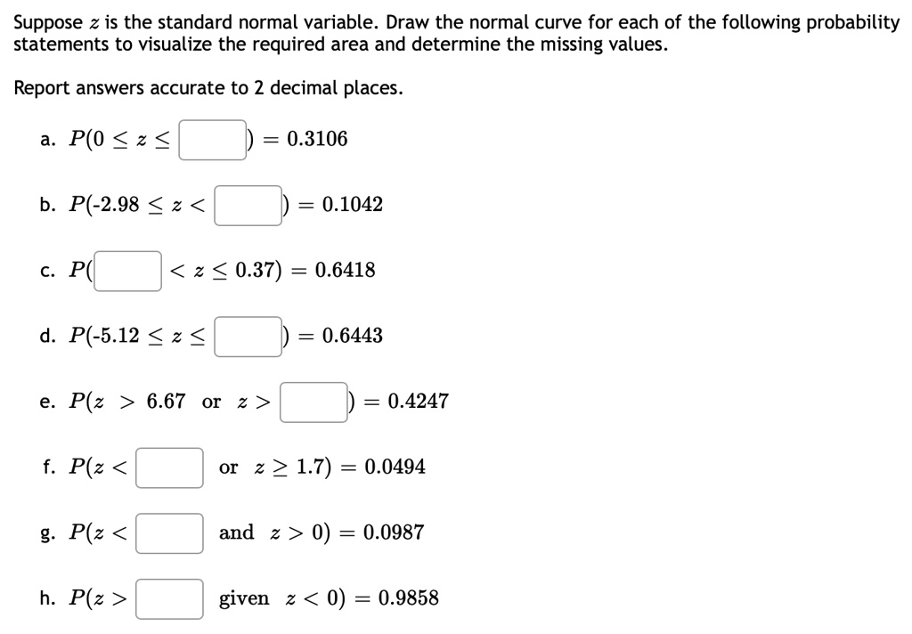 SOLVED: Suppose z is the standard normal variable. Draw the normal curve for each of the ...