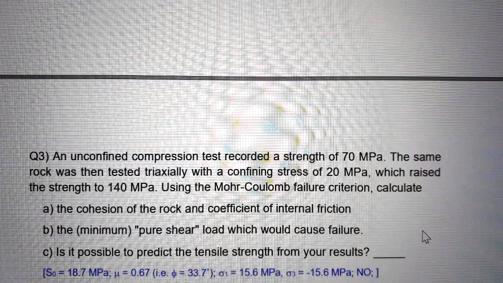 SOLVED: Q3) An unconfined compression test recorded a strength of 70 ...