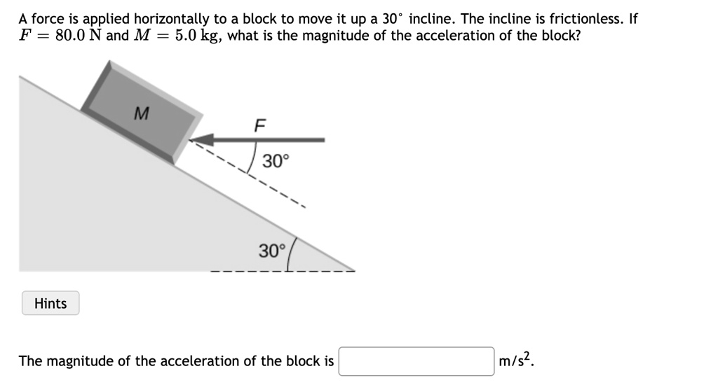 A force is applied horizontally to a block to move it up a 30° incline ...