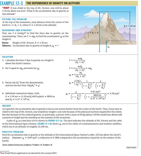 EXAMPLE 12-3 THE DEPENDENCE OF GRAVITY ON ALTITUDE *RWP If you climb to ...