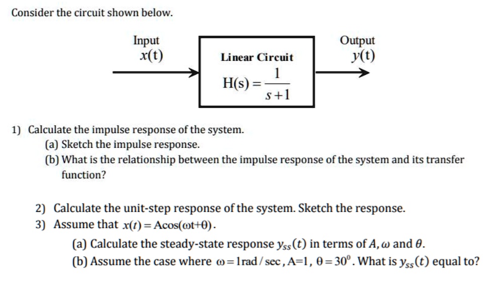 SOLVED: Consider the circuit shown below: Input x(t) Output y(t) Linear Circuit 1 Hs = s + 1 1 ...