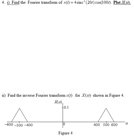 4. i) Find the Fourier transform of x(t) = 4sinc^2(20t)cos(100t). Plot X(ω).ii) Find the inverse ...