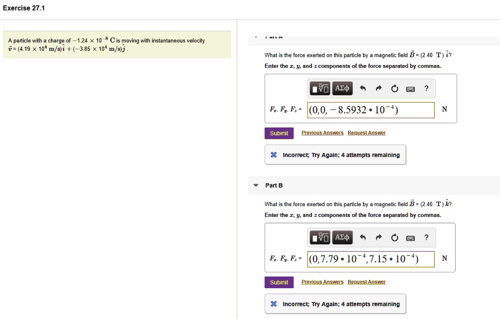 SOLVED: Exercise 27.1 A particle with a charge of 1.24 * 10^-6 C is moving with an instantaneous ...