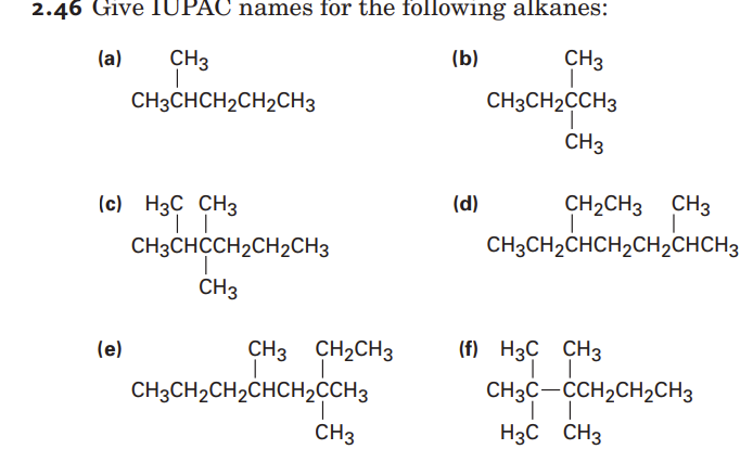 246 give iupac names for the following alkanes a b c d e f