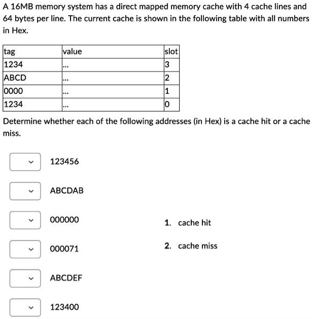SOLVED: A 16MB memory system has a direct mapped memory cache with 4 ... SOLVED: A 16MB memory system has a direct mapped memory cache with 4 ...