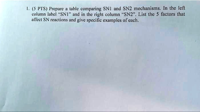SOLVED: Prepare a table comparing SNI and SN2 mechanisms. In the left ...