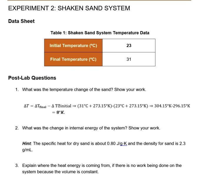 SOLVED: EXPERIMENT 2: SHAKEN SAND SYSTEM Data Sheet Table 1: Shaken Sand System Temperature Data ...